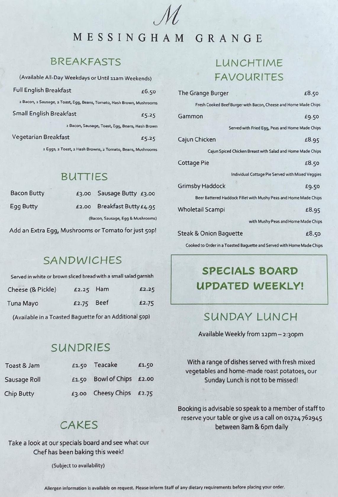Menu at Messingham Grange restaurant, Scunthorpe