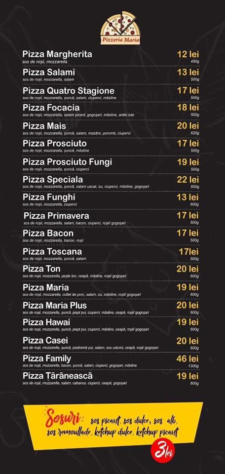 Menu at Pizeria Maria, Romania