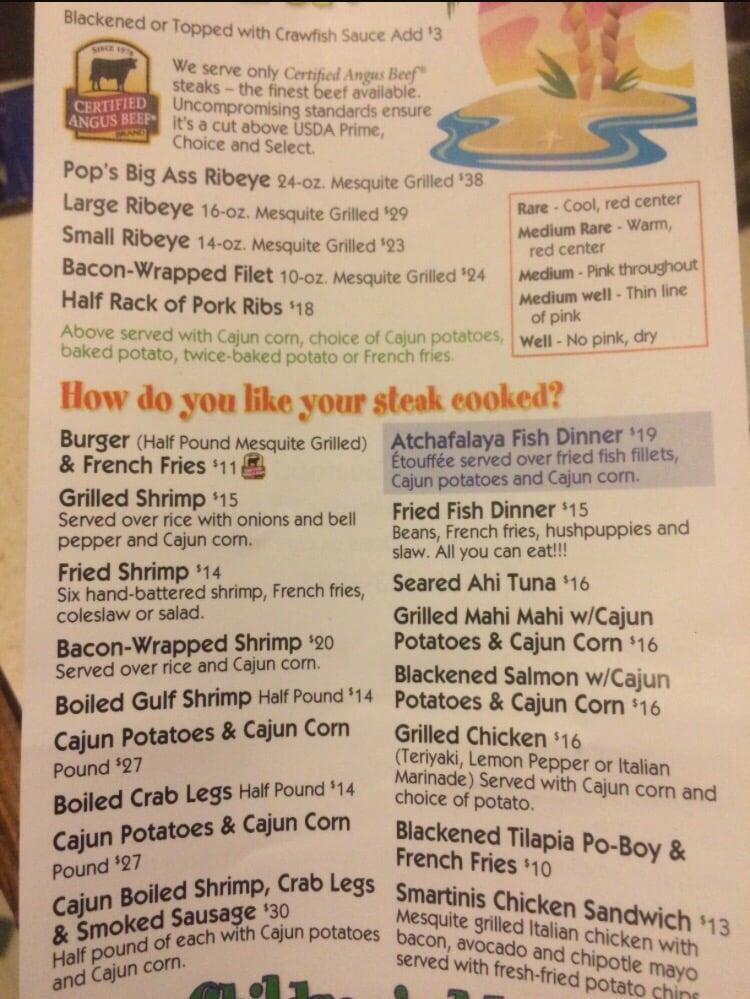 Menu at Pops Place steakhouse, Texarkana, US-67