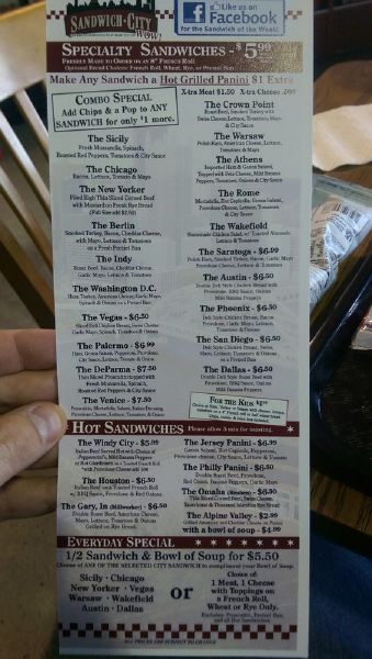 Menu at Sandwich City restaurant, Crown Point