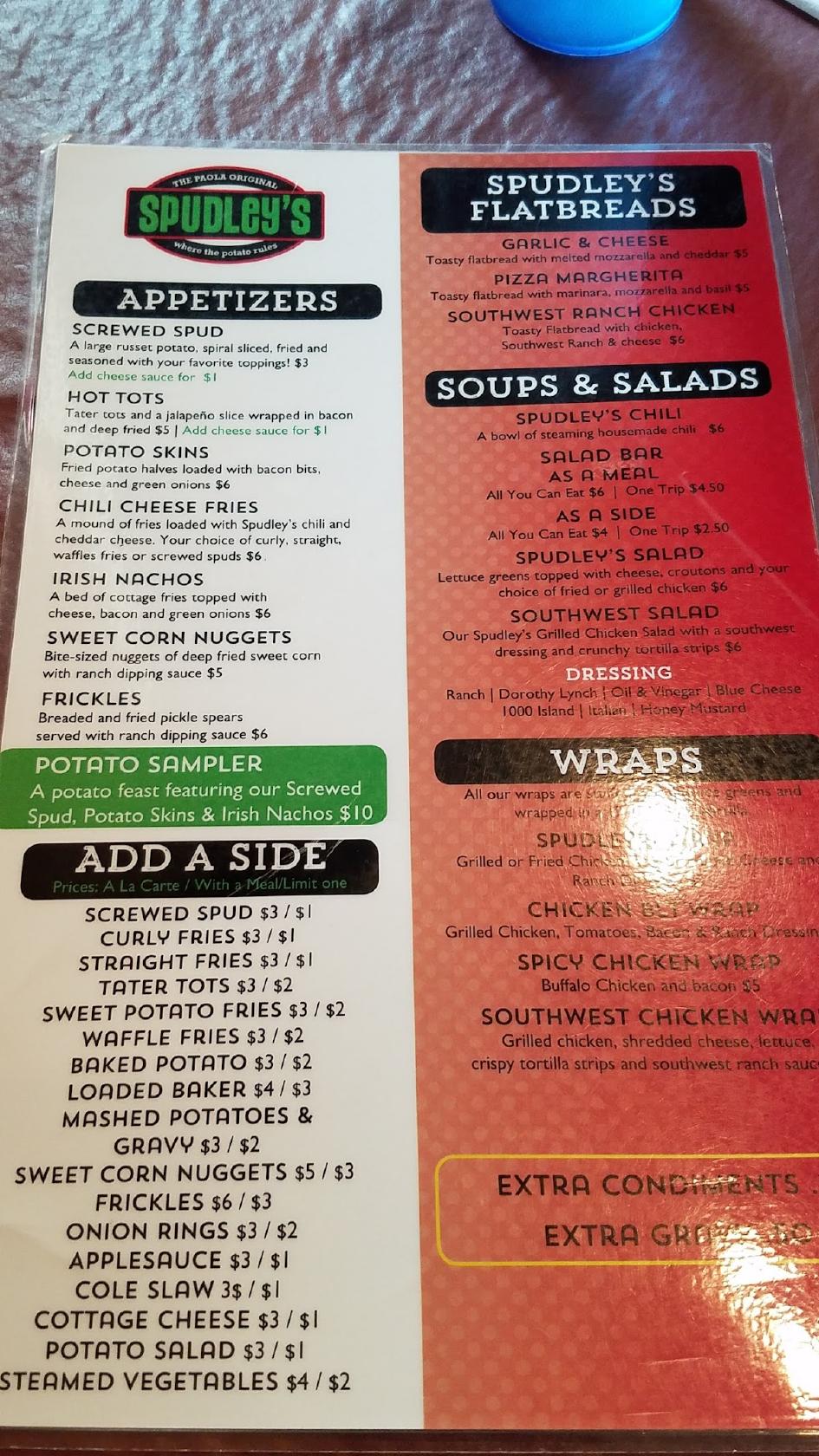 Menu at Spudley's Family Restaurant, Paola