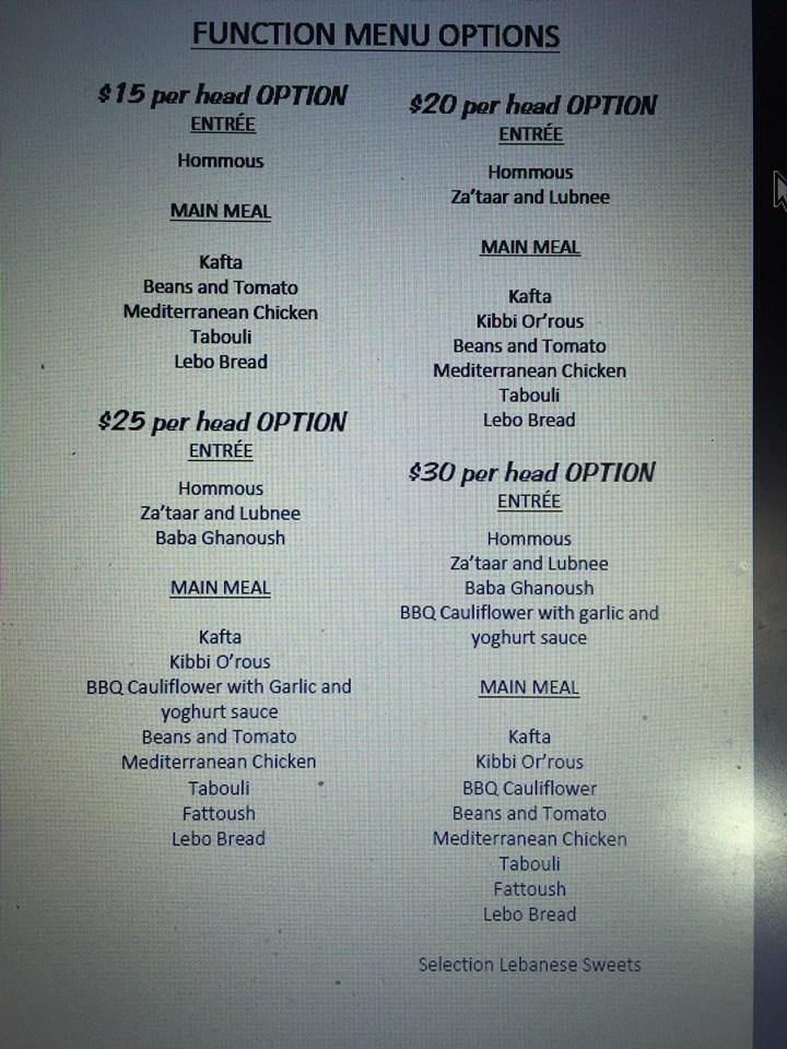 Menu at Telly's Lebanese Catering, Ulladulla