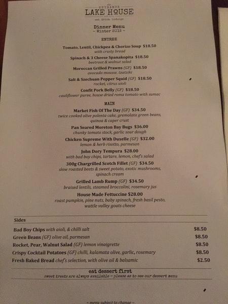 Menu at The Entrance Lake House cafe, The Entrance