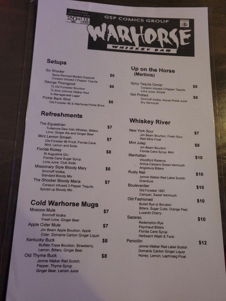 Menu at Warhorse Whiskey Bar, Tallahassee, 603 W Gaines St