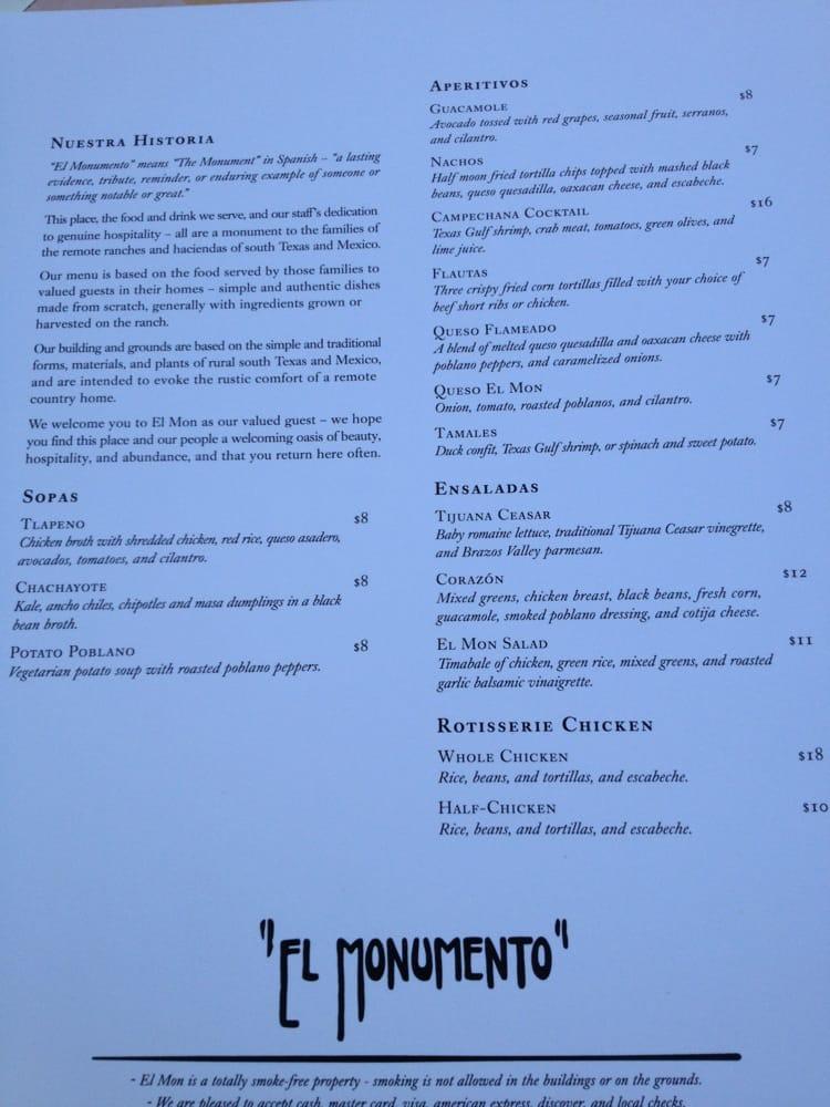 Menu at El Monumento pub & bar, Georgetown