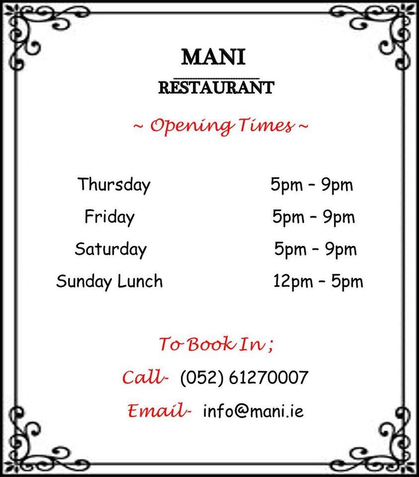 Menu at Mani Restaurant, Clonmel