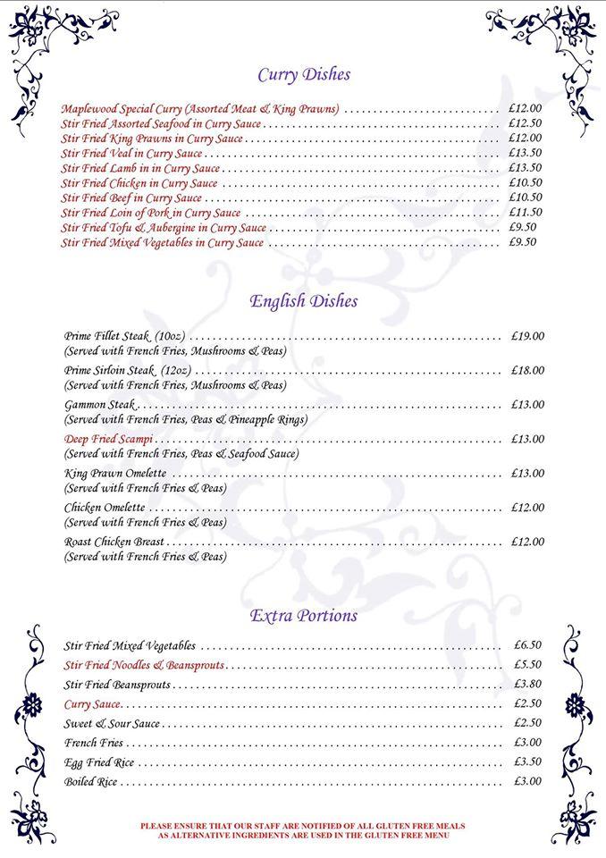 Menu at Maplewood Restaurant, Widnes, Warrington Rd