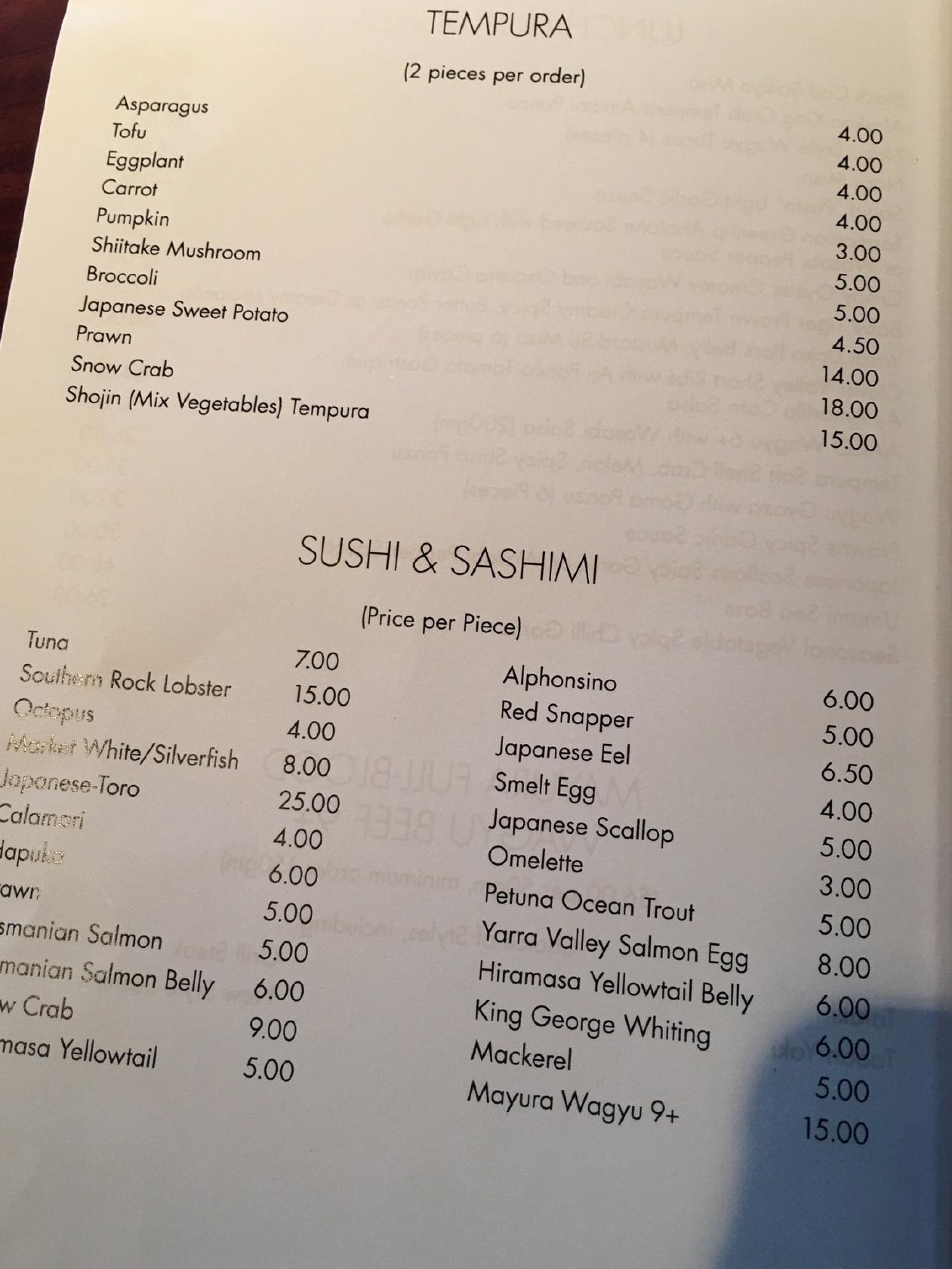 Menu at Nobu restaurant, Southbank, Crown Riverwalk