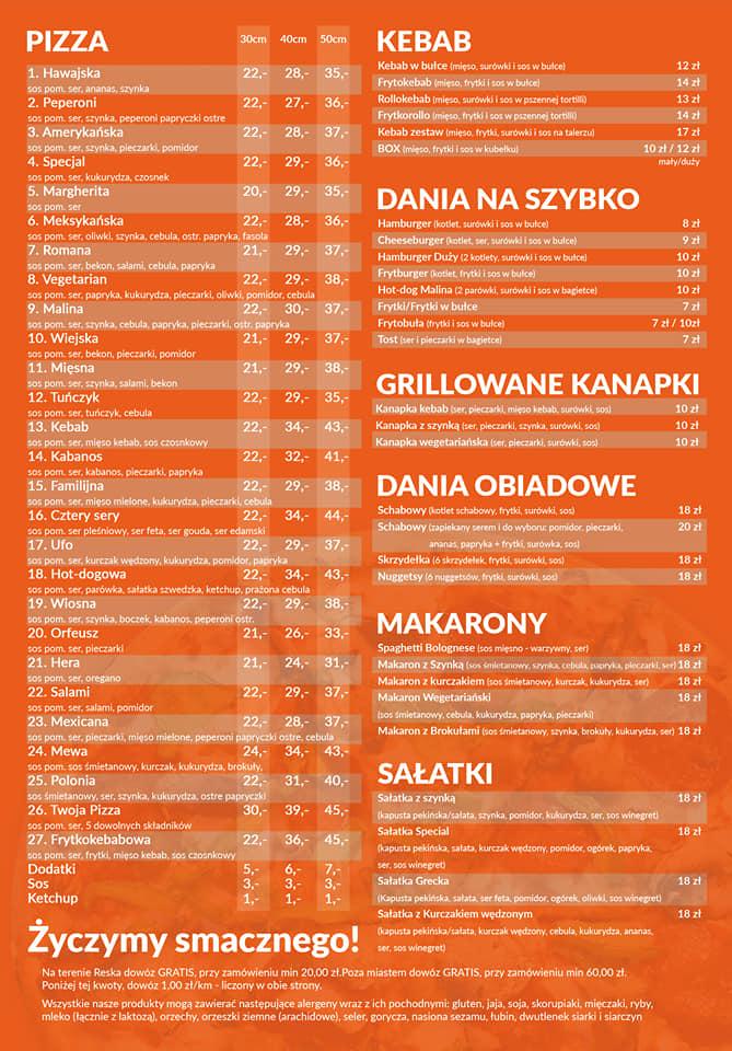Menu at Pizzeria Malina, Resko