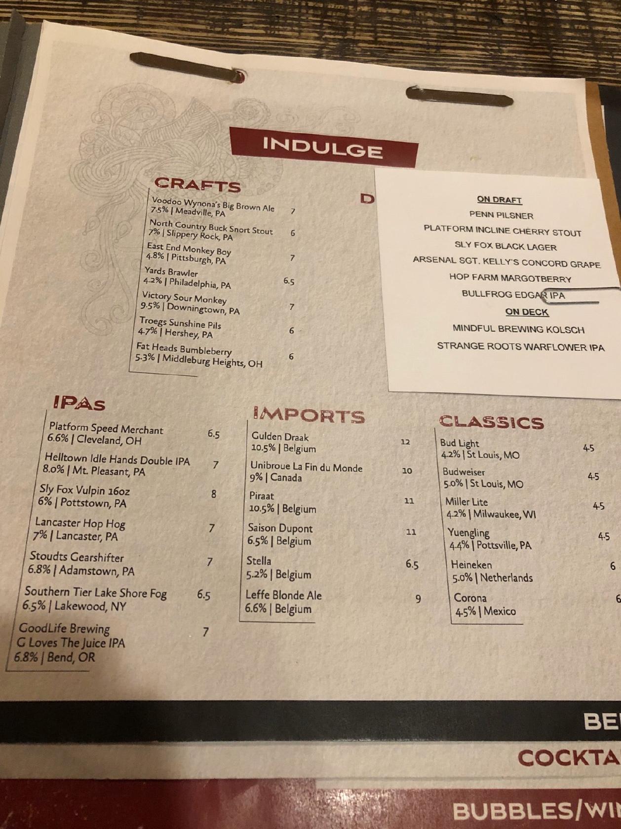 Menu at Revel pub & bar, Pittsburgh