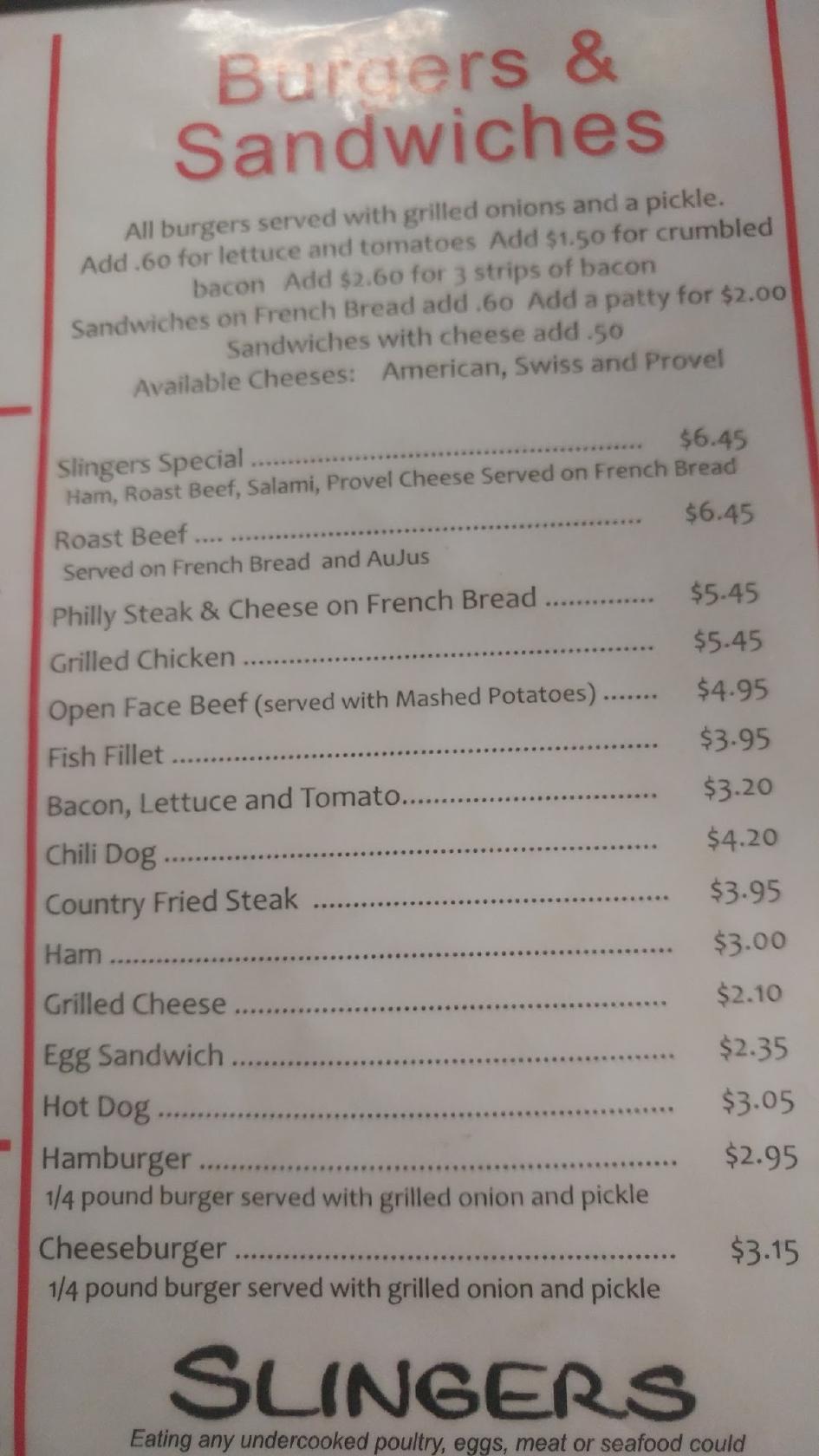Menu at Slingers restaurant, House Springs, Gravois Rd