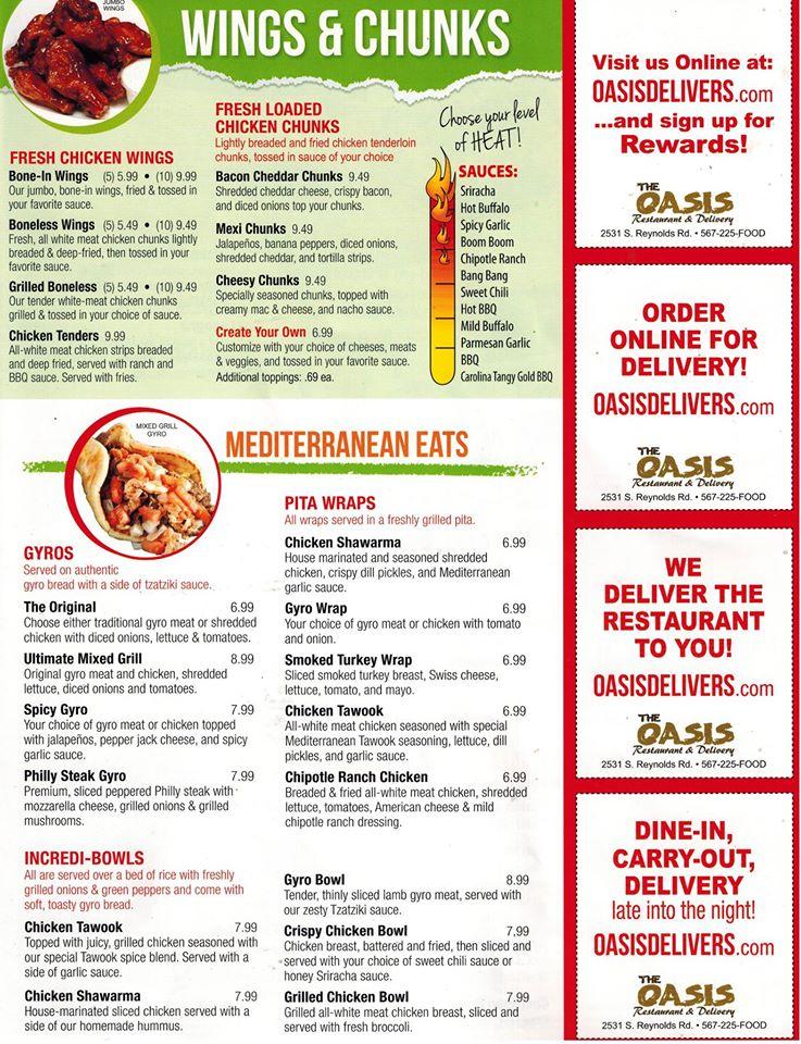 Menu at The Oasis Restaurant and Delivery, Toledo, S Reynolds Rd