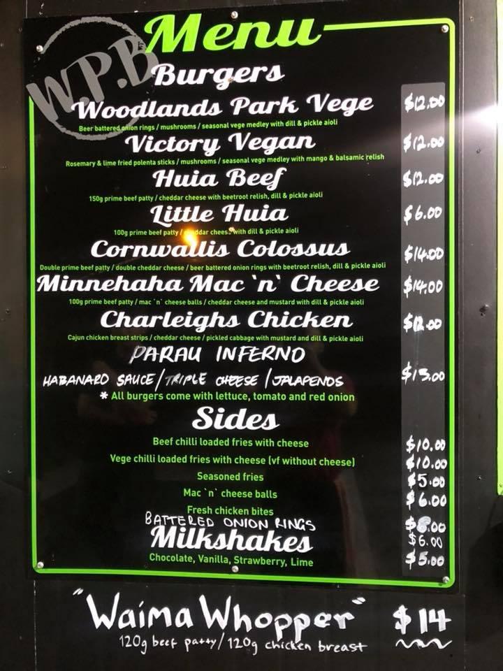 Menu at Woodlands Park Burgers restaurant, Auckland