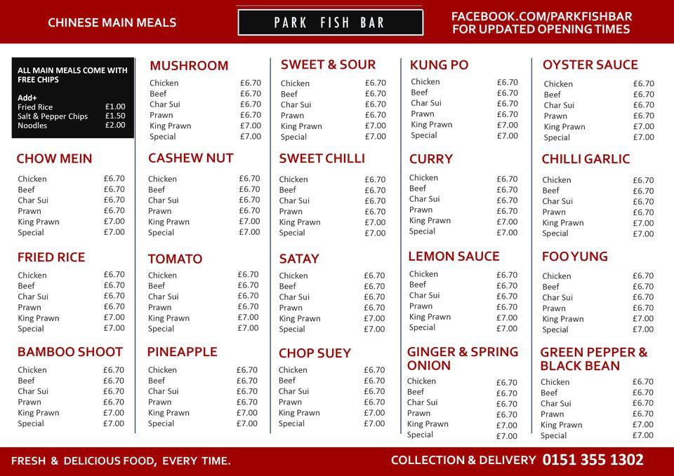 Menu at Park fish bar, Ellesmere Port