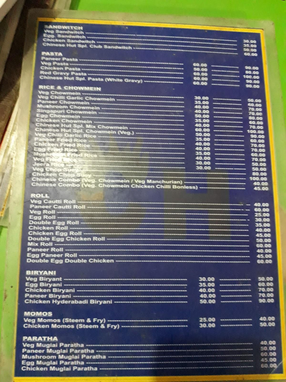 Menu at A Chinese Hut, Patna