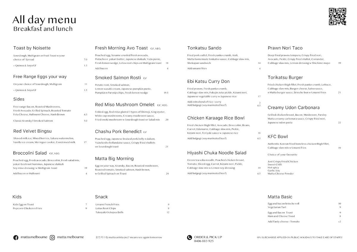 Menu at Matta Cafe, Balwyn North