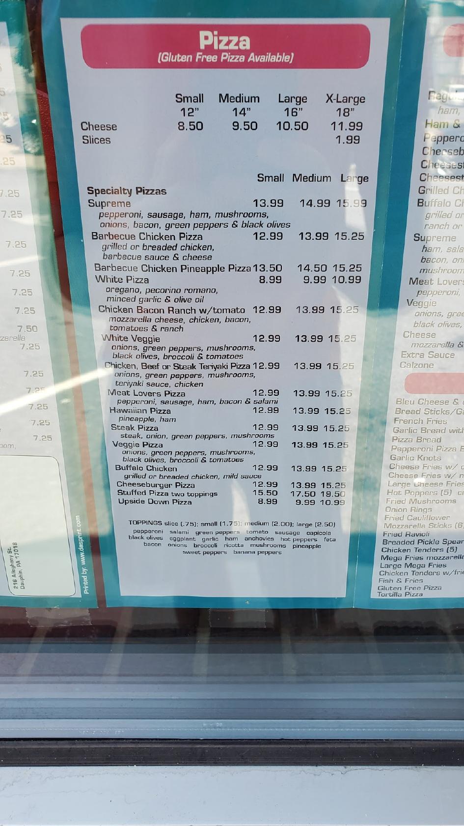 Menu at Dauphin Pizza pizzeria, Dauphin