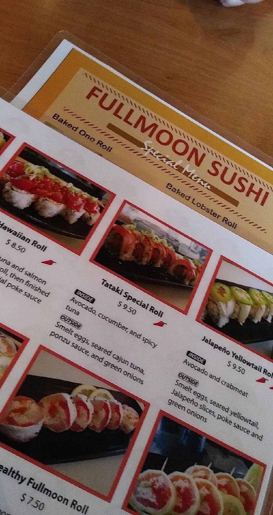 Menu at Full Moon Sushi restaurant, Tustin