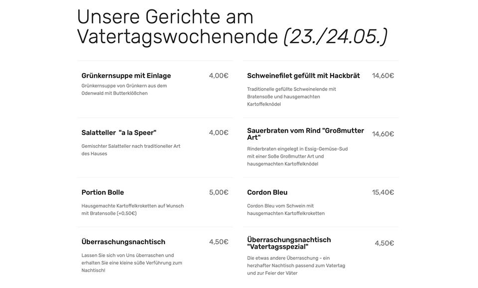 Speisekarte von Gasthaus Zum Speer restaurant, Külsheim