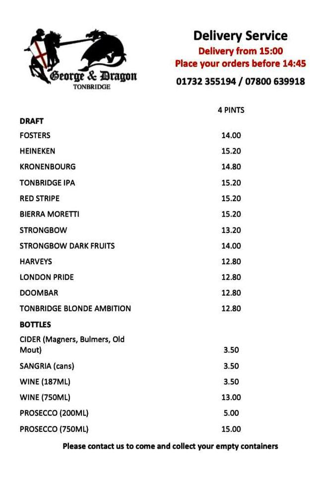 Menu at The George & Dragon Public House, Tonbridge, 17 Shipbourne Rd