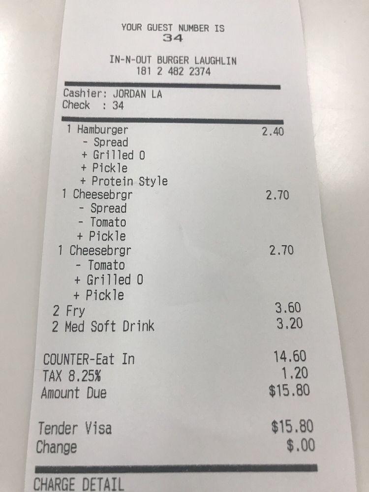 Menu at In-N-Out Burger fast food, Laughlin