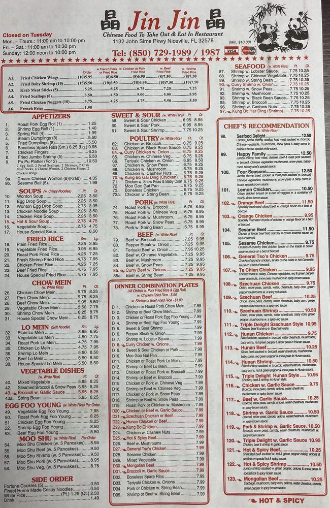 Menu at Jin Jin Chinese Restaurant, Niceville