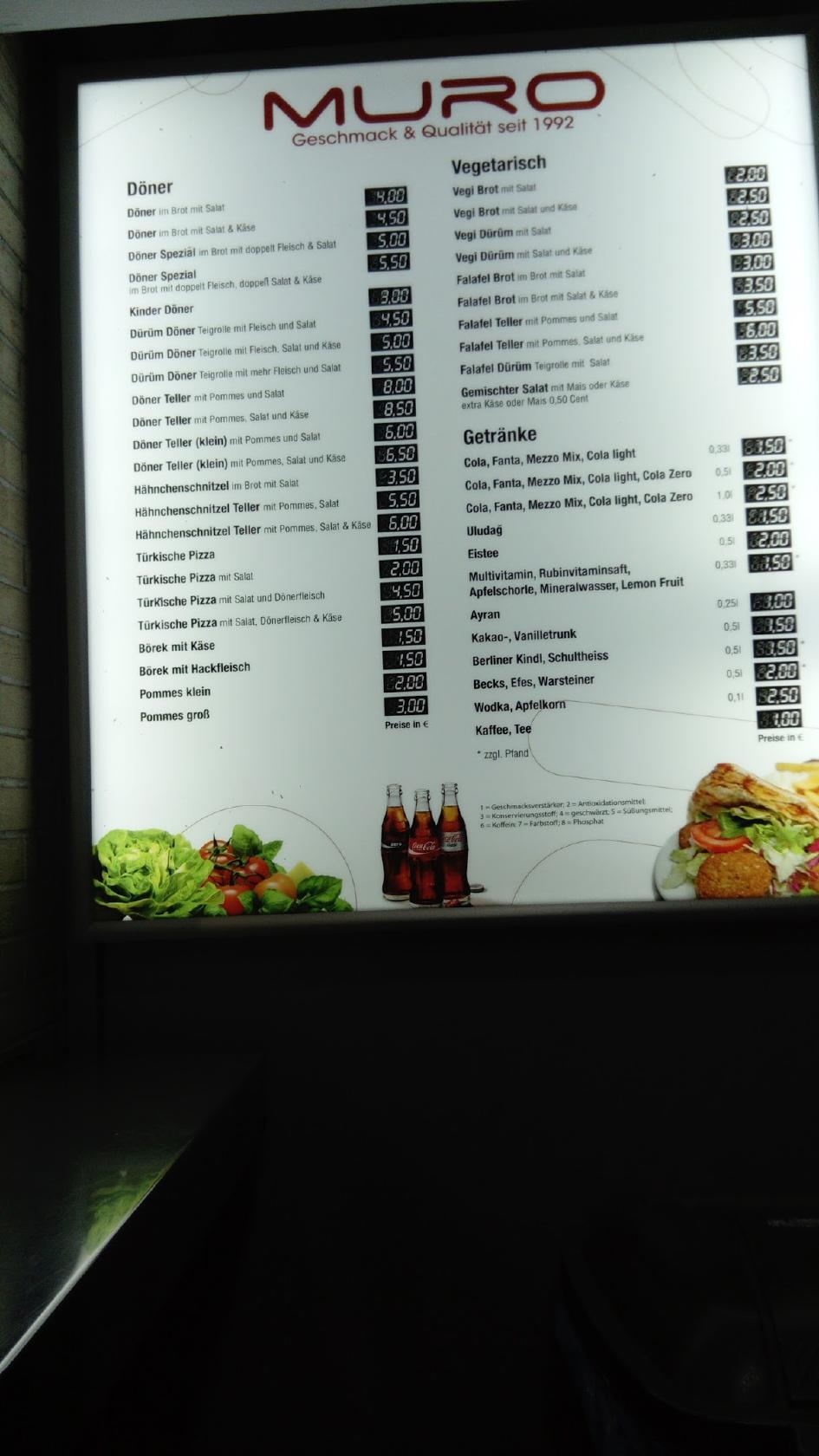 Speisekarte von Muro Döner restaurant, Berlin