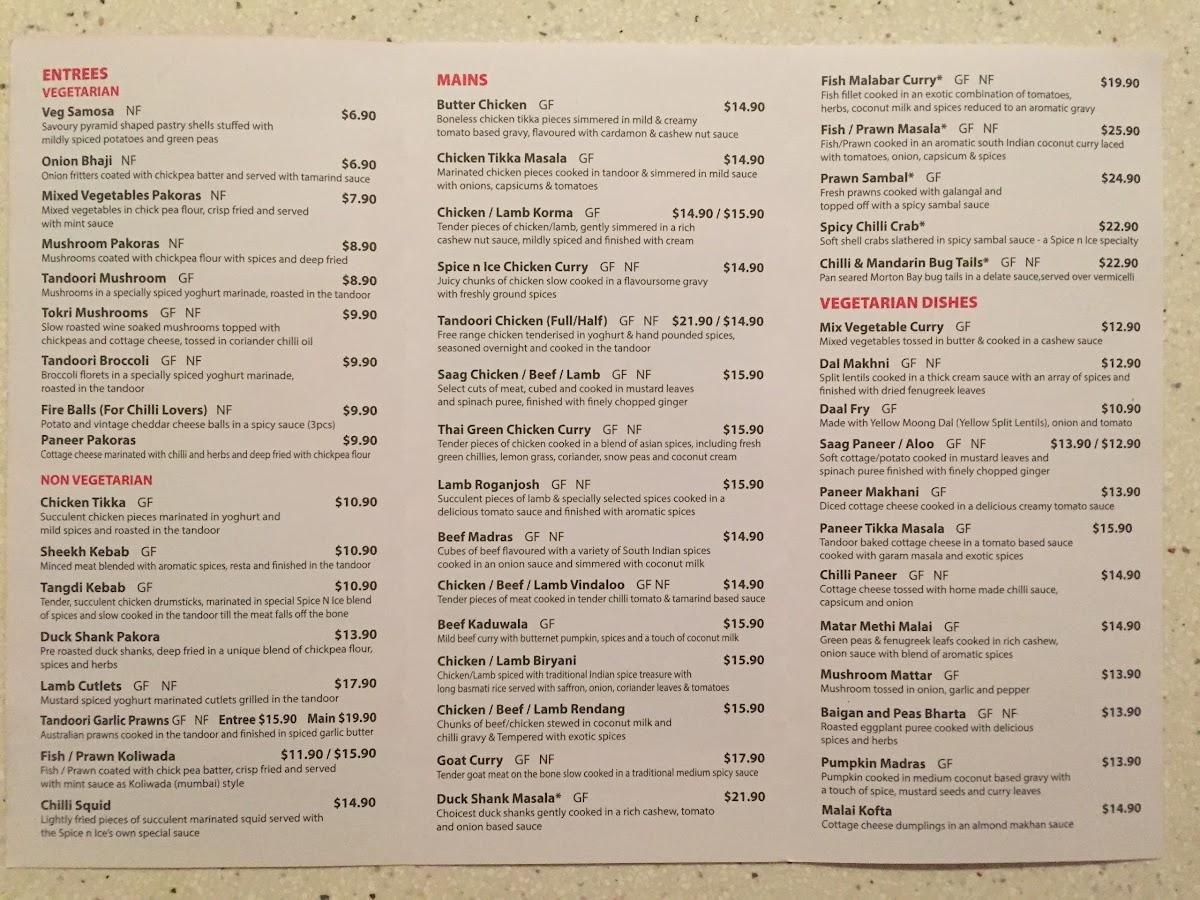 Menu at Spice N Ice restaurant, Port Adelaide