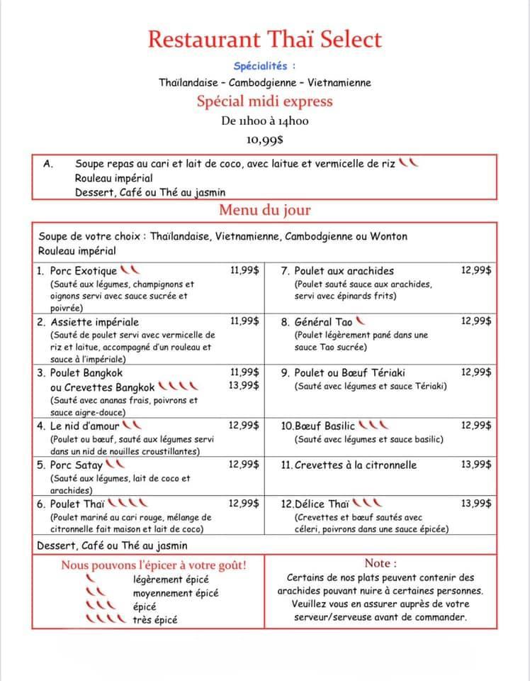 Menu au Restaurant Thaï Sélect, Québec, Bd des Gradins