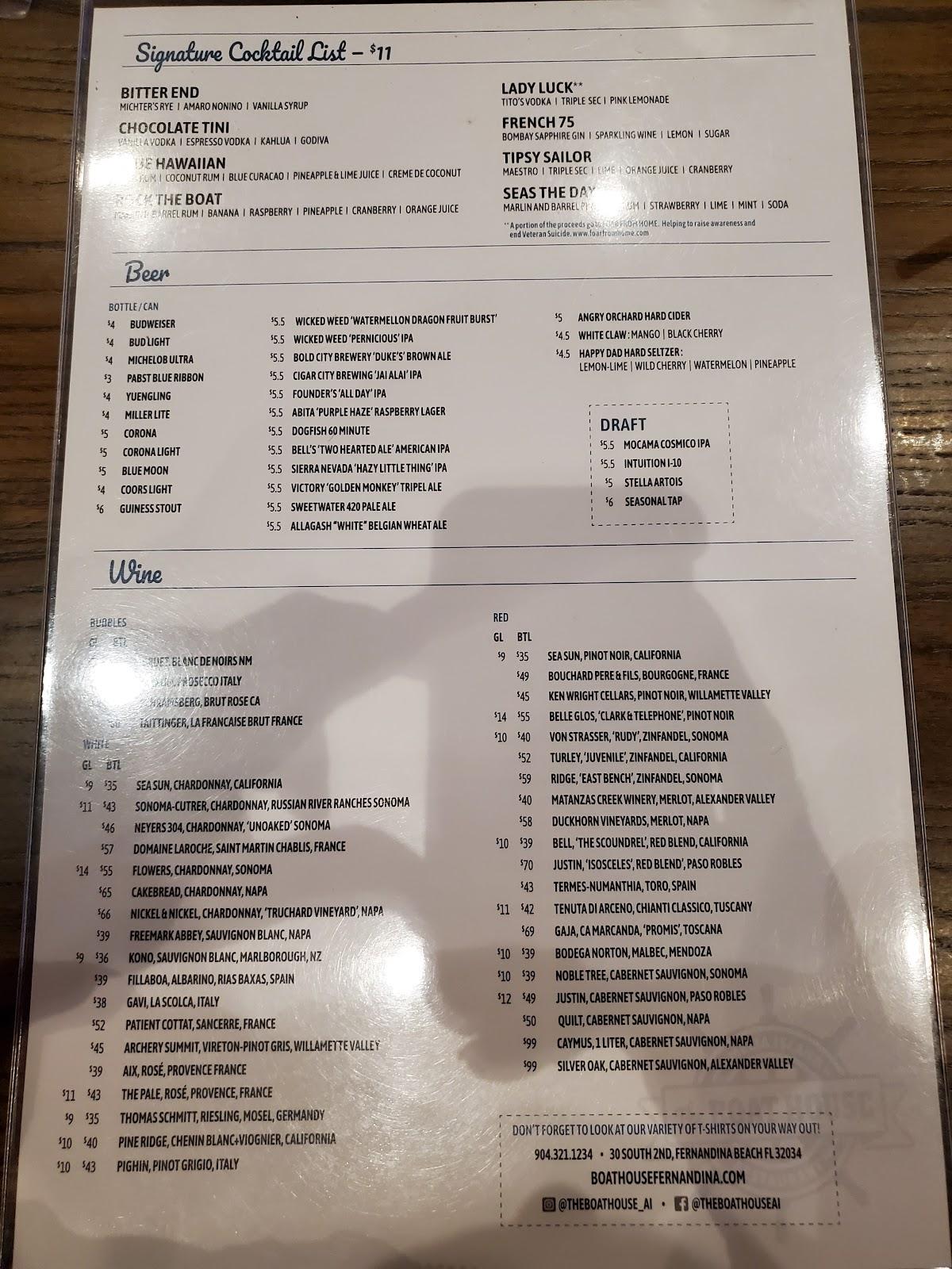 Menu at The Boat House pub & bar, Fernandina Beach