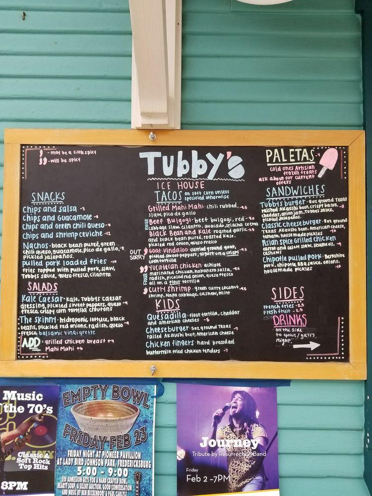 Menu at Tubby's Ice House restaurant, Fredericksburg