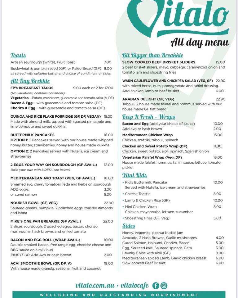 Menu at Vitalo cafe, Lilli Pilli