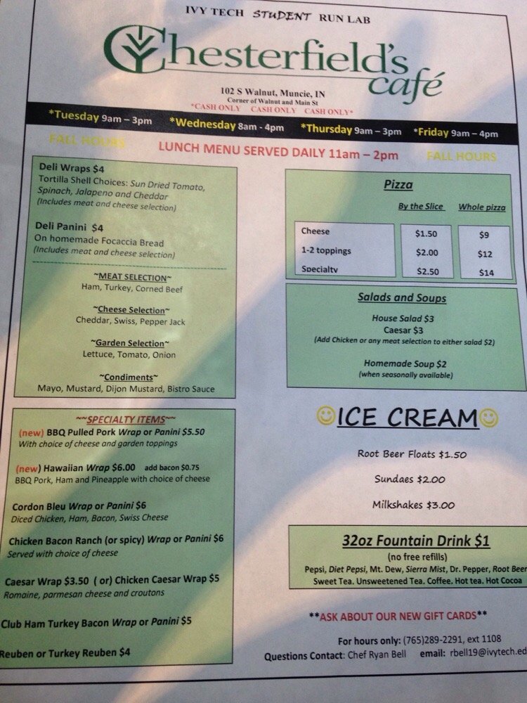Menu at Chesterfield's cafe, Muncie