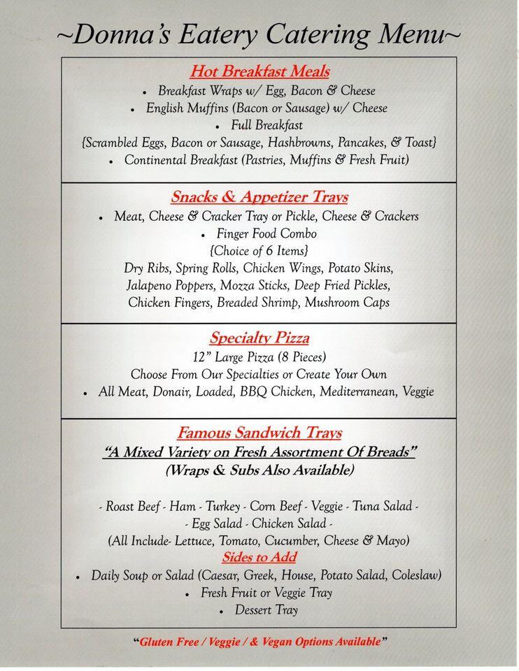 Menu at Donna's Eatery pizzeria, Edmonton, 115 Ave NW