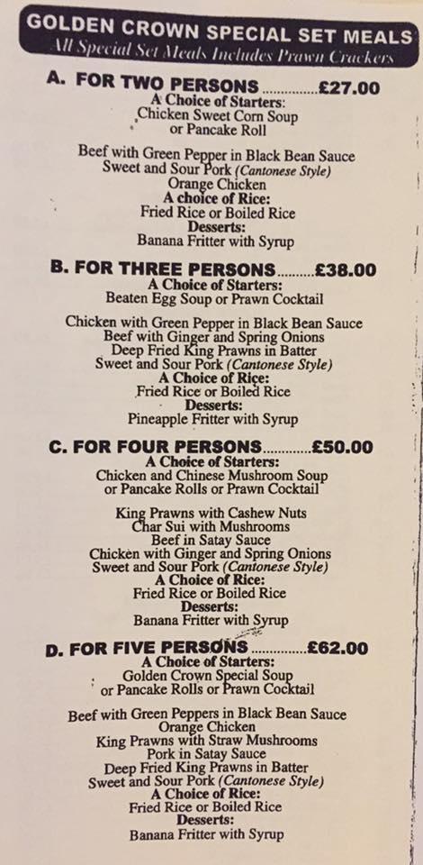 Menu at Golden Crown restaurant, Stirling, 23-25 Barnton St