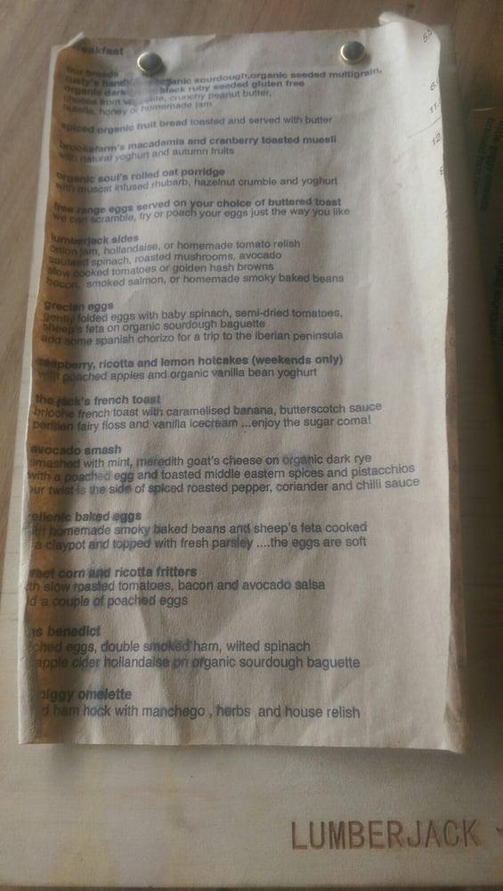 Menu at Lumberjack restaurant, Richmond