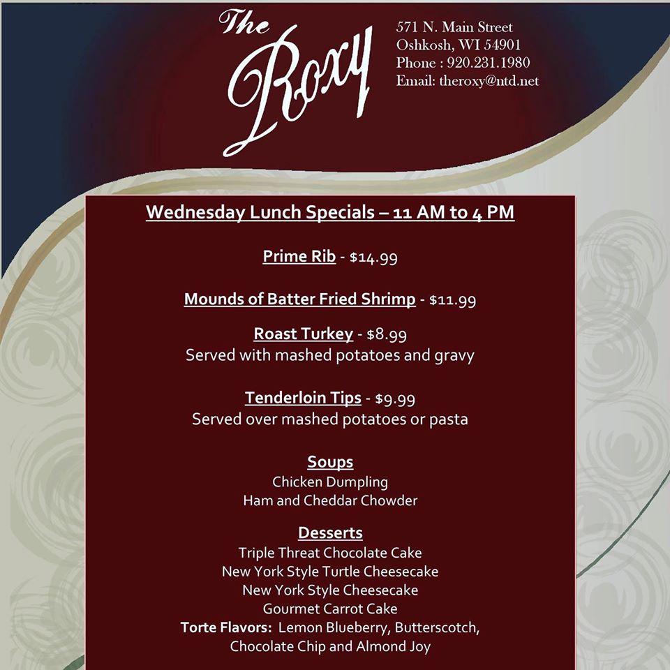 Menu at The Roxy Supper Club, Oshkosh