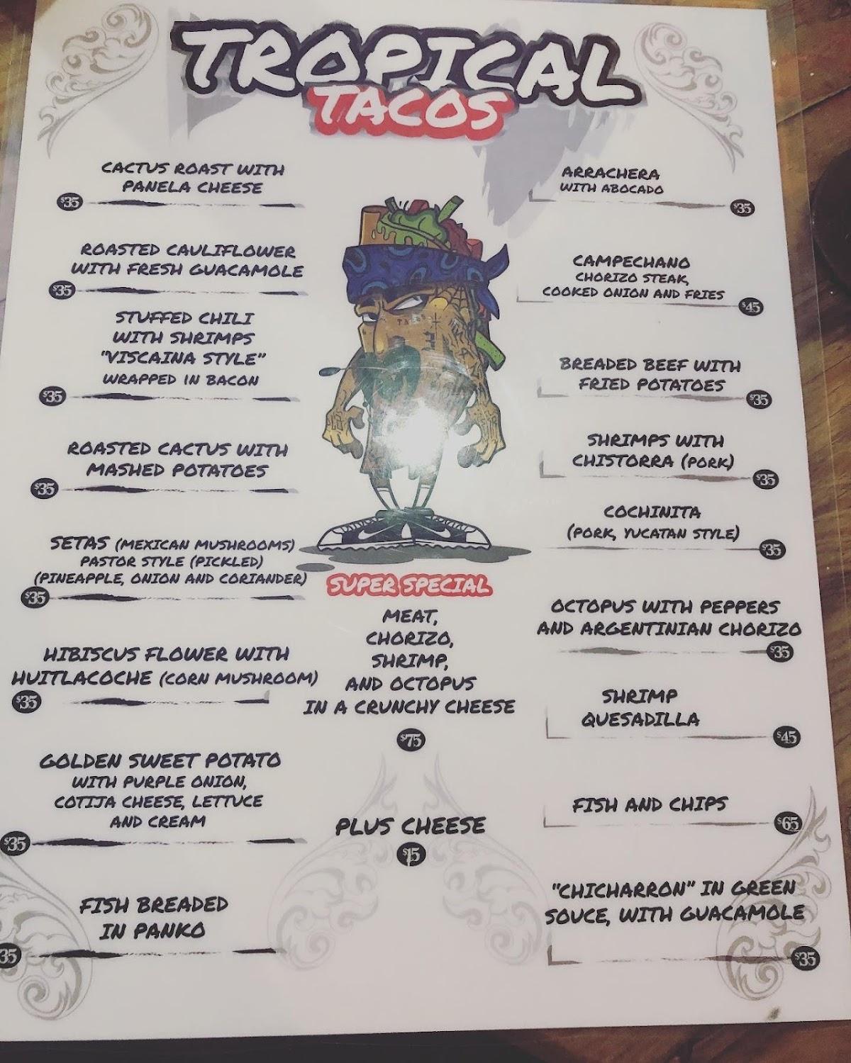 Menu at Tropical Tacos restaurant, Playa del Carmen