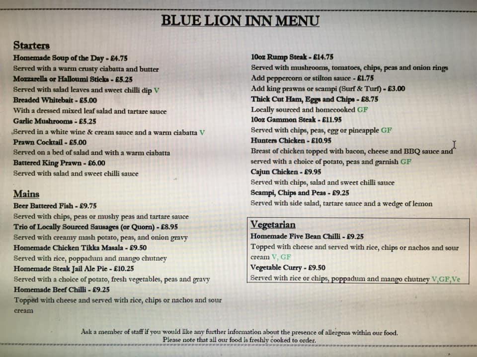 Menu at Blue Lion Inn pub & bar, Lewdown
