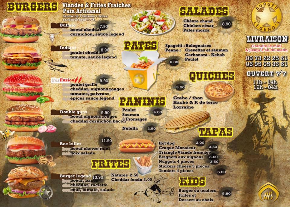 Menu at Burger Legend's restaurant, Montpellier