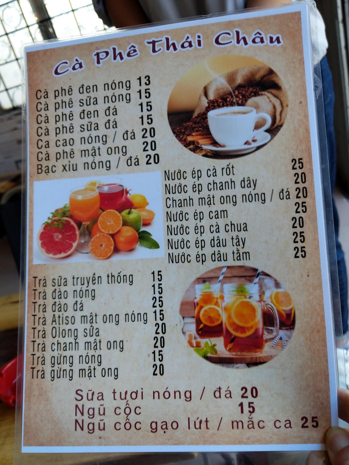 Menu at Cà phê Thái Châu, Dalat