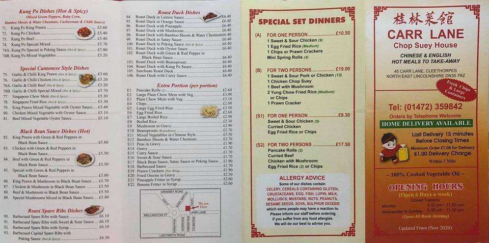 Menu at Carr Lane Chop Suey House restaurant, Grimsby, 45 Carr Lane