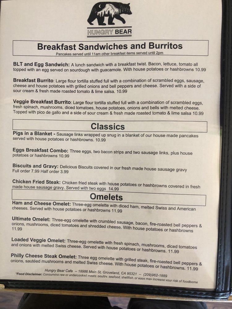 Menu at Hungry Bear Cafe, Groveland