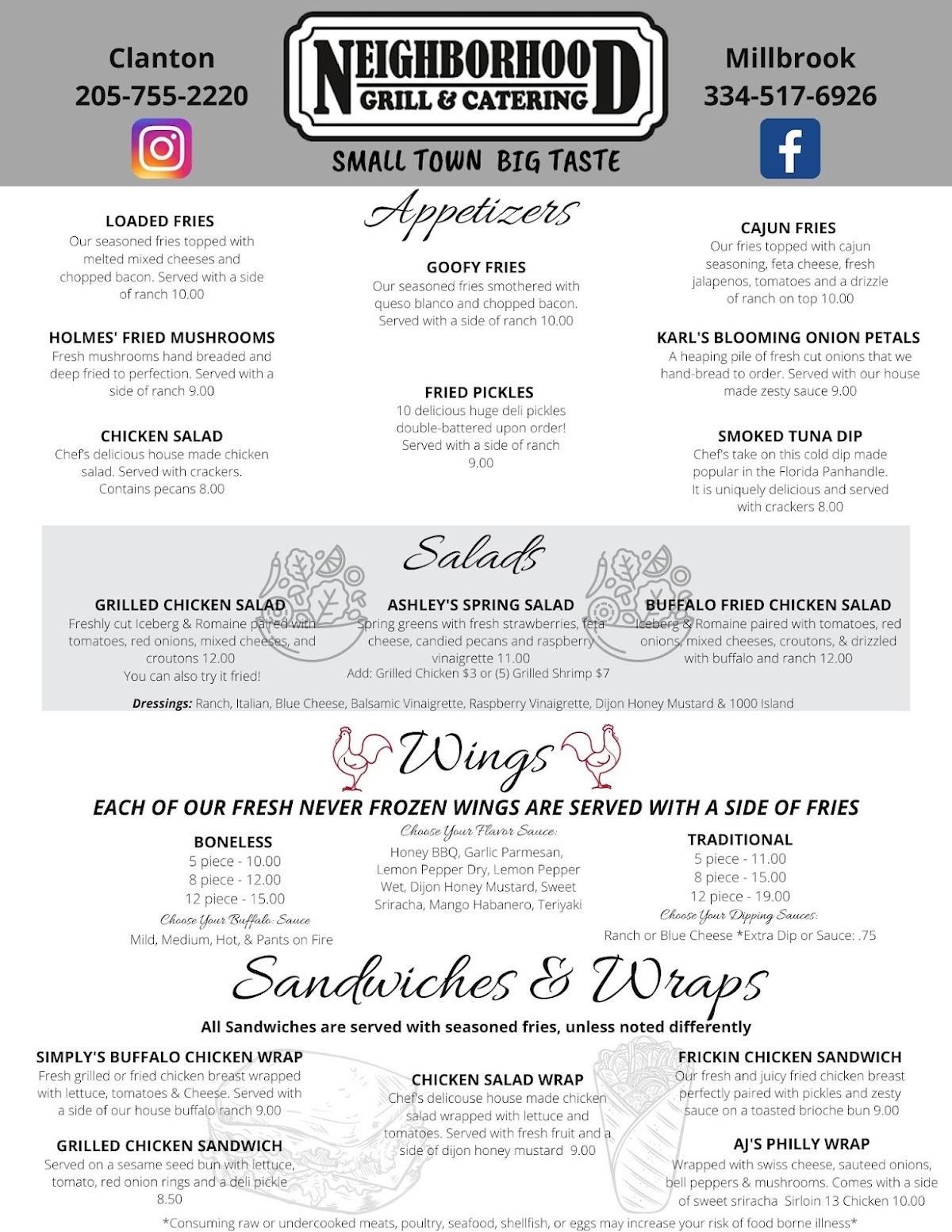 Menu at Neighborhood Grill and Catering restaurant, Millbrook