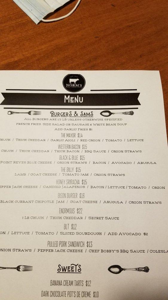 Menu at Norm’s restaurant, Palo Cedro