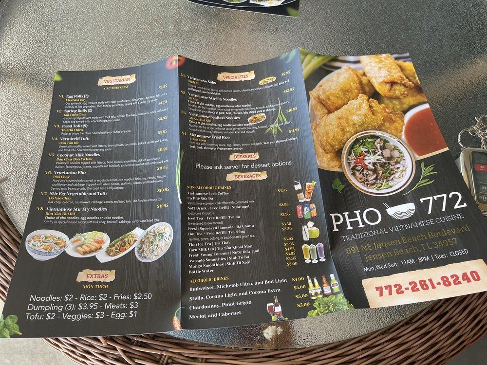 Menu at Phở 772 restaurant, Jensen Beach