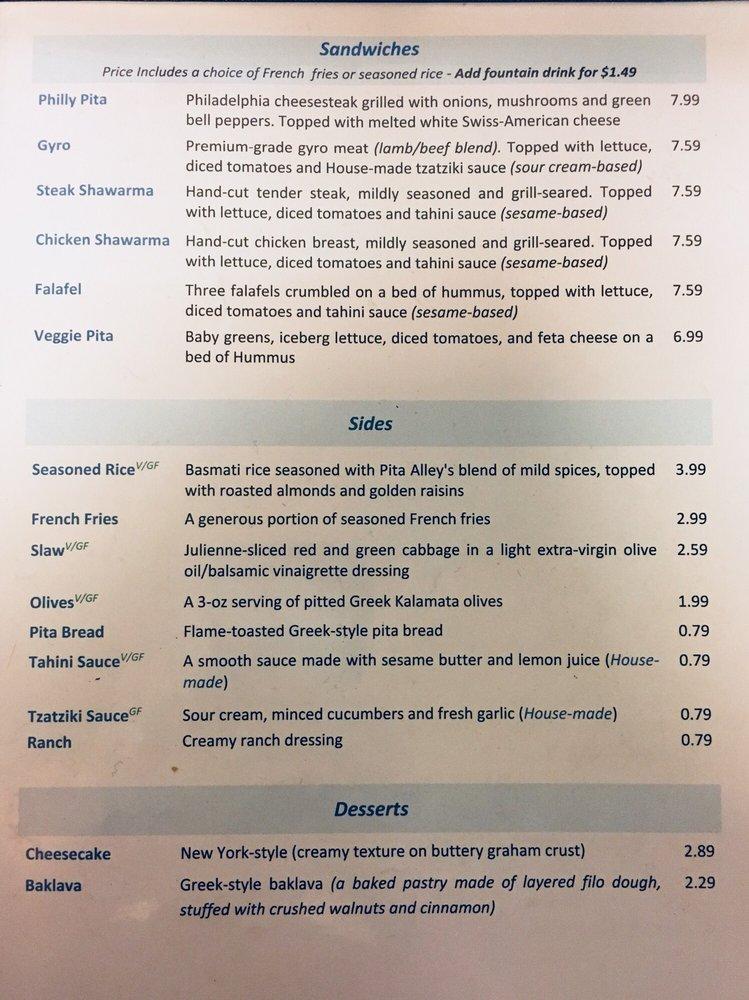 Menu at Pita Alley pizzeria, Carbondale