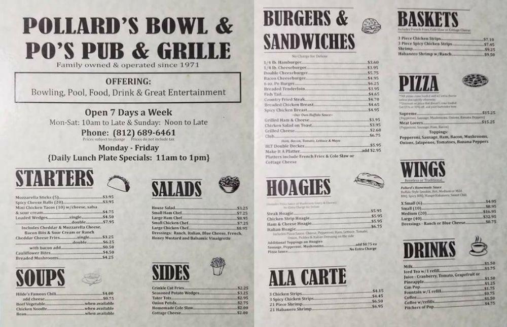 Menu at PO's Pub & Grill at Pollards Bowl, Versailles