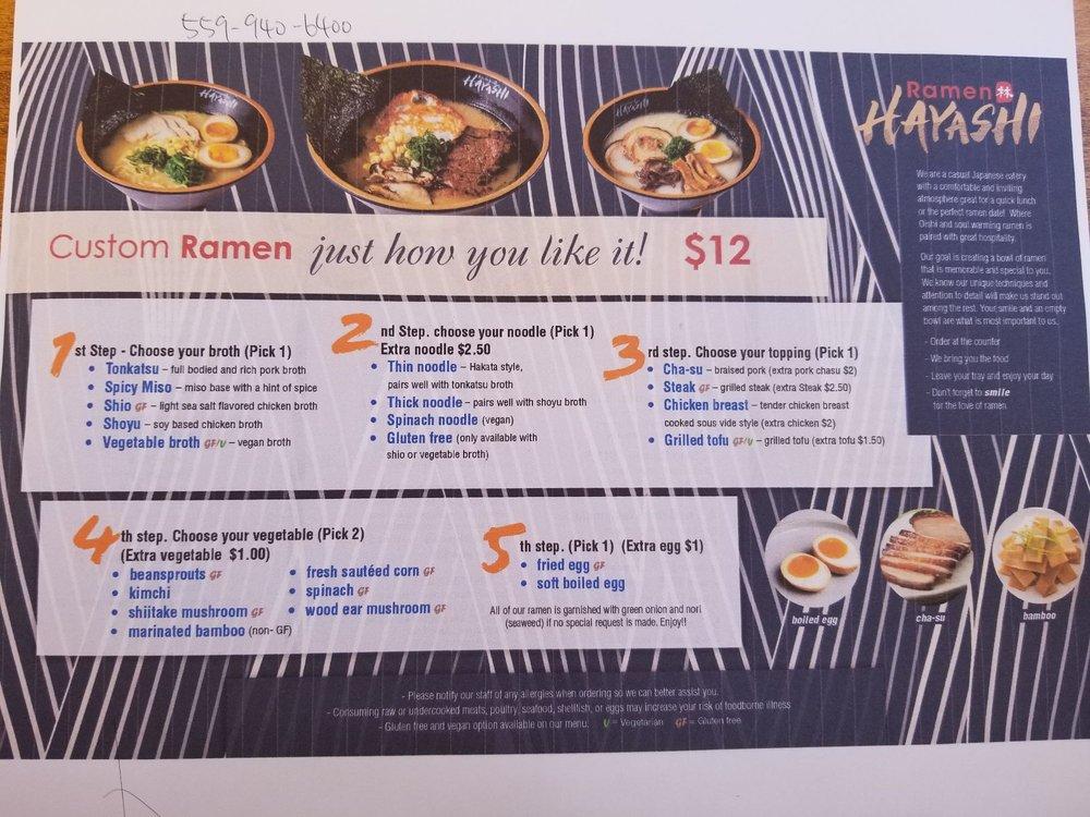 Menu at Ramen Hayashi （Clovis） restaurant, Clovis