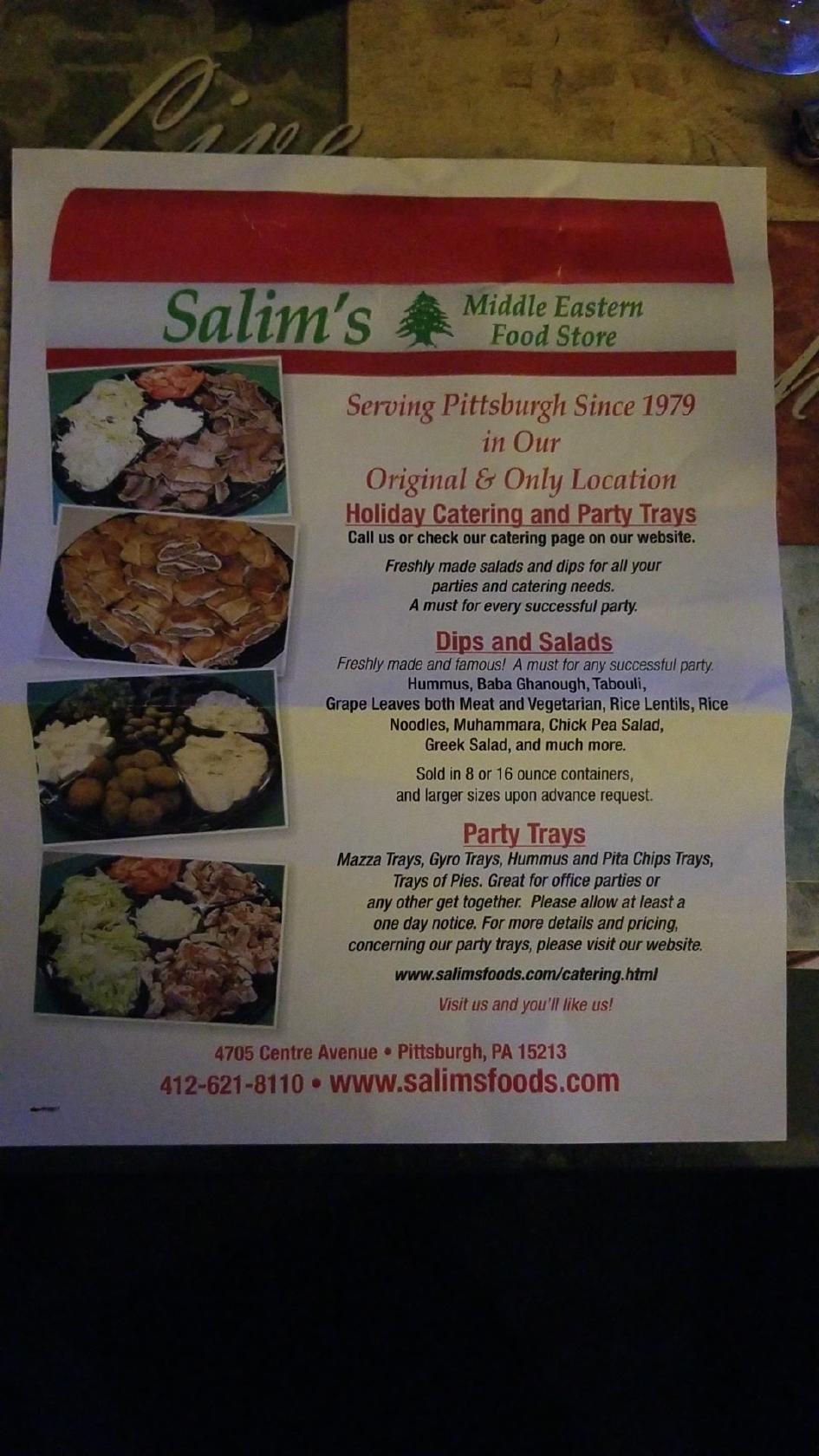 Menu at Salim's Middle Eastern Food restaurant, Pittsburgh